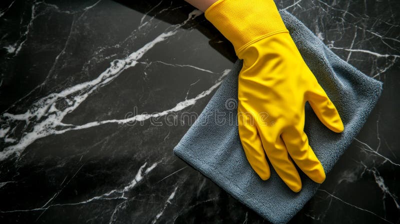 Applying Yellow Gloves To a Dark Marble Surface Using a Marble Cleaner ...