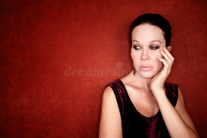 Apprehensive Woman On Red Background Stock Image - Image of lady, tense ...