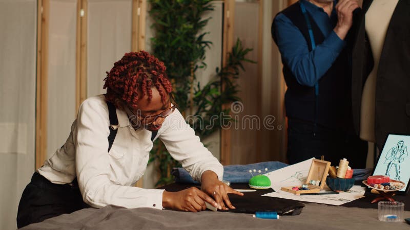 Apprentice Measuring Fabric in Atelier Stock Footage - Video of ...