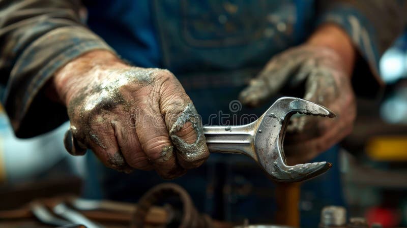An Apprentice Mechanics Greasestained Hands Tightening a Bolt with a ...