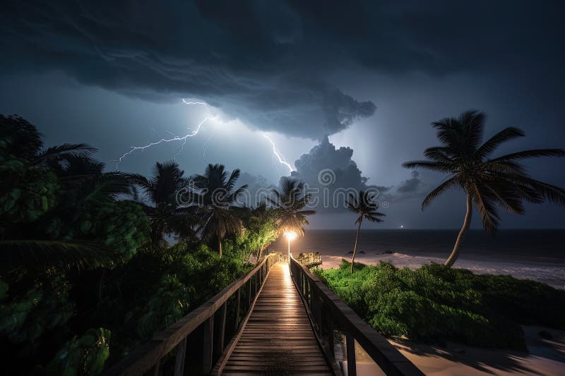 Approach of a Tropical Storm with Lightning Strikes on a Tropical Beach ...