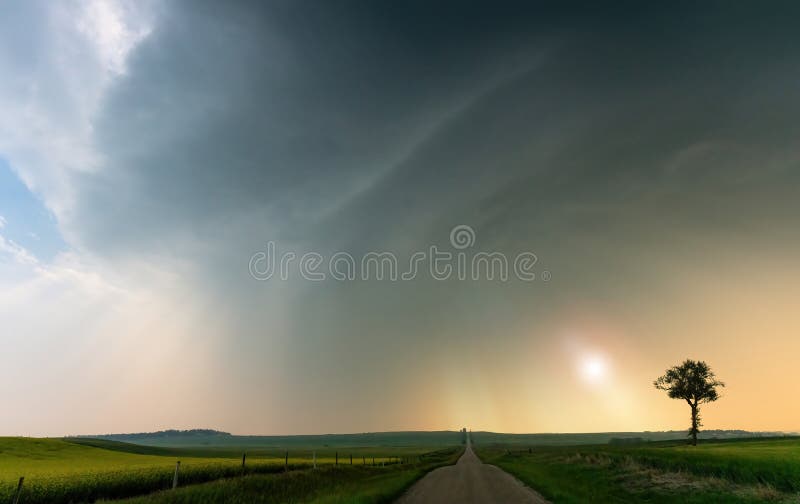 Dramatic Thunderstorm Over Yellow Field Dirt Road Dusk Stock Photos ...