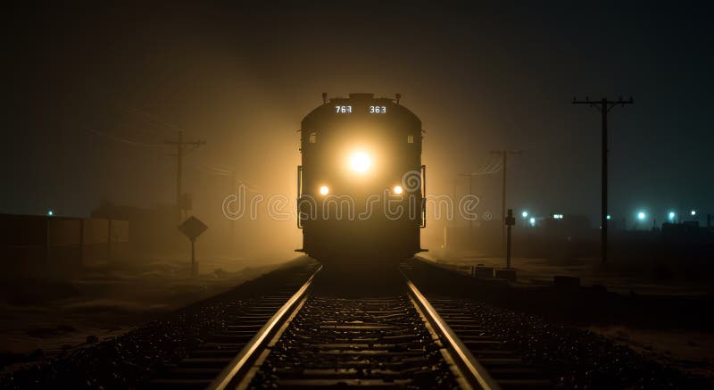 Approaching Train with Headlight Illuminating Railroad Track at Night ...
