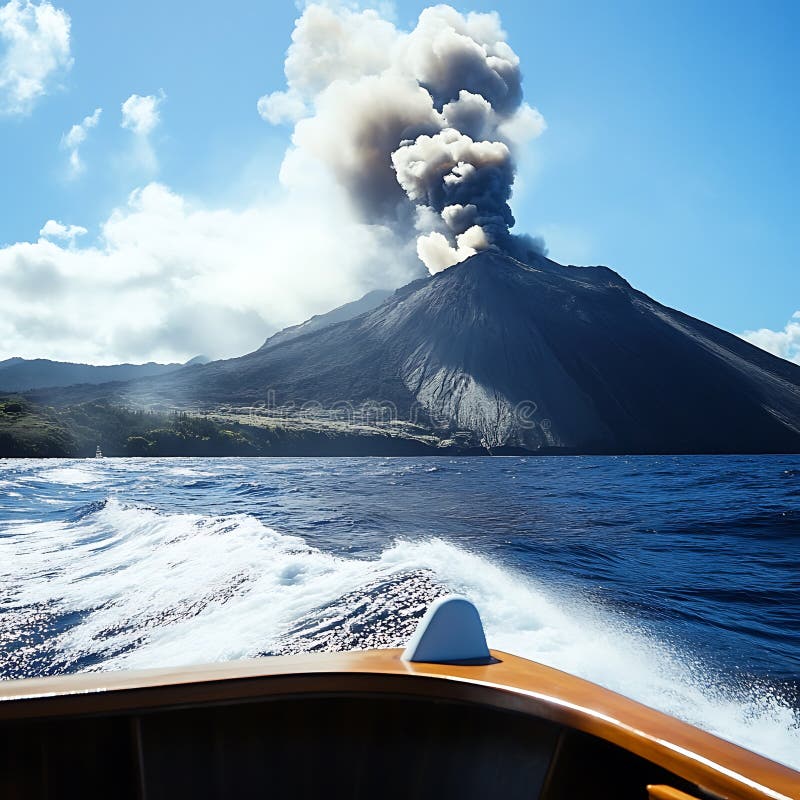 Approaching a Volcanic Eruption from a Boat Dramatic Ocean Landscape ...