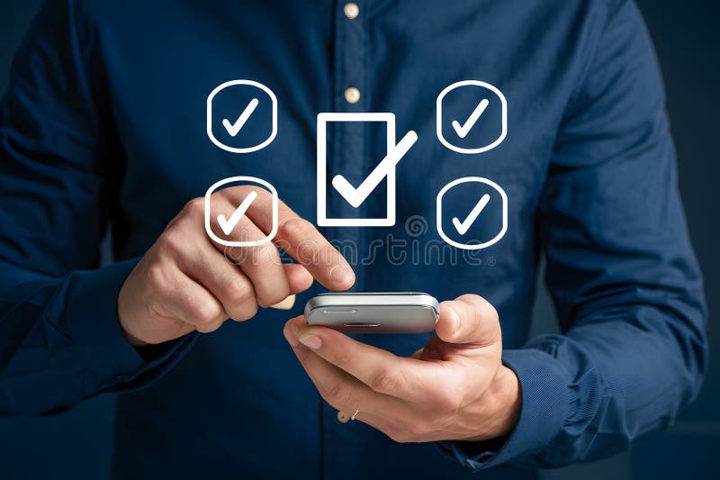 Approval Concept Man Holds Phone Showing Checkmark Feedback Stock ...