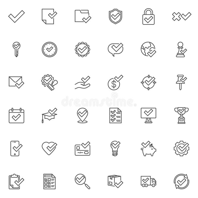 Approval and Confirmation Line Icons Set Stock Vector - Illustration of ...