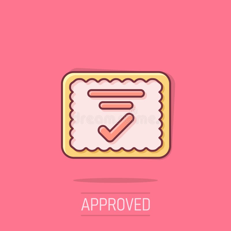 Approve Certificate Icon in Comic Style. Document Check Mark Cartoon ...
