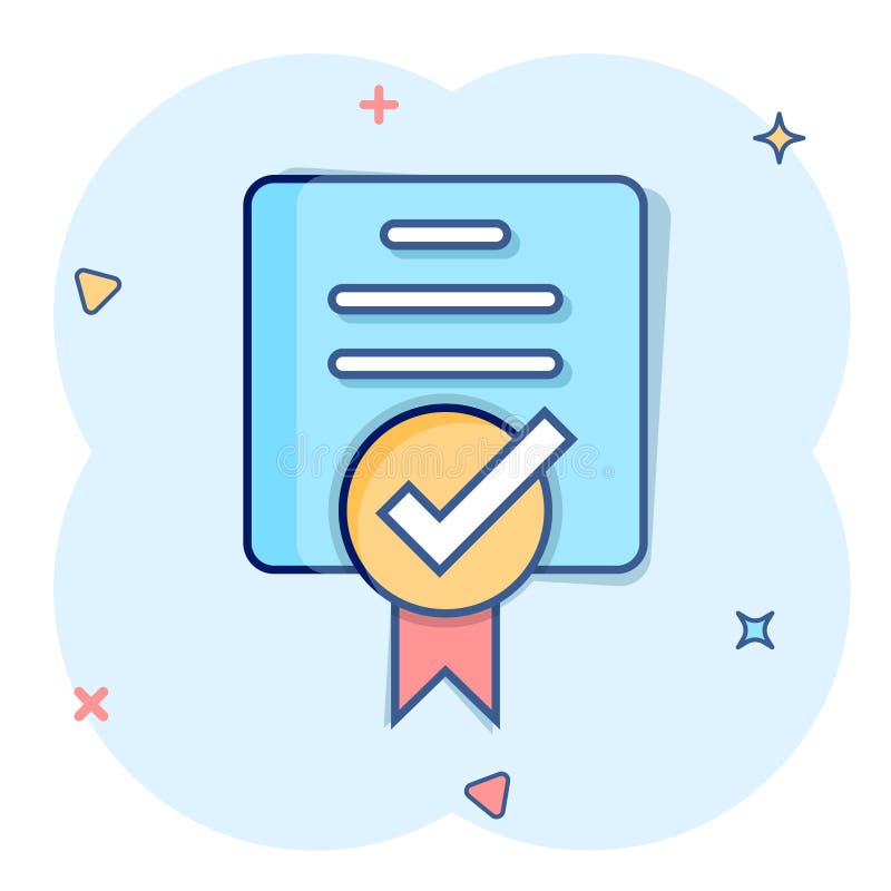 Approve Certificate Icon in Comic Style. Document Check Mark Cartoon ...