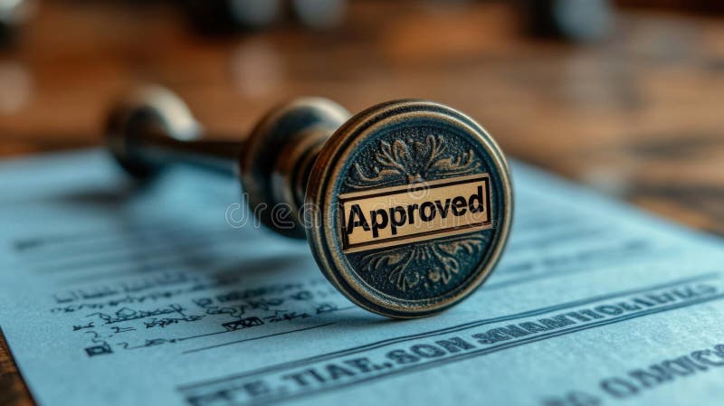 Approved Stamp on a Wooden Table with Document. 3D Rendering Stock ...