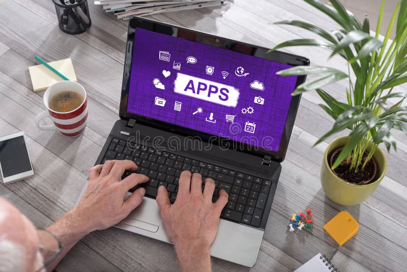 Apps concept on a laptop stock image. Image of hand - 185873935