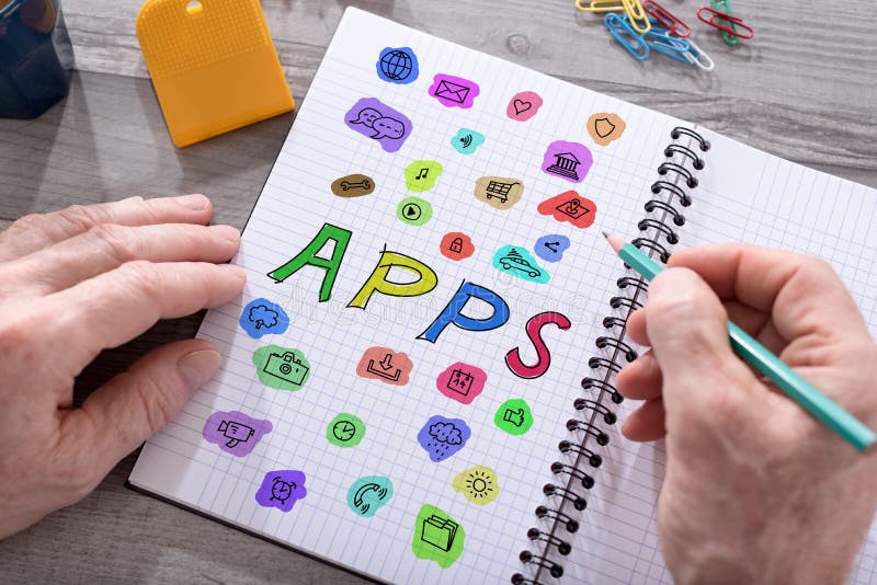 Apps concept on a notepad stock image. Image of design - 124178555