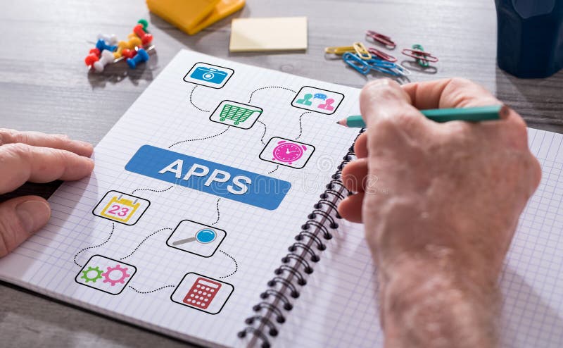 Apps concept on a notepad stock photo. Image of online - 167038892