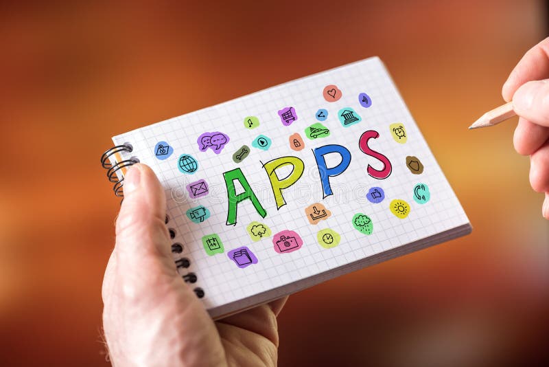 Apps concept on a notepad stock image. Image of design - 106343721