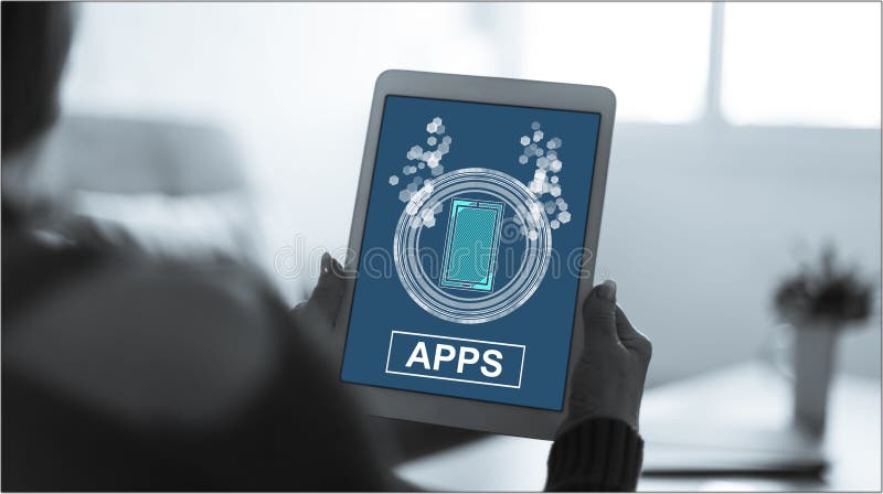 Apps Concept with Man Using a Tablet Stock Image - Image of multimedia ...