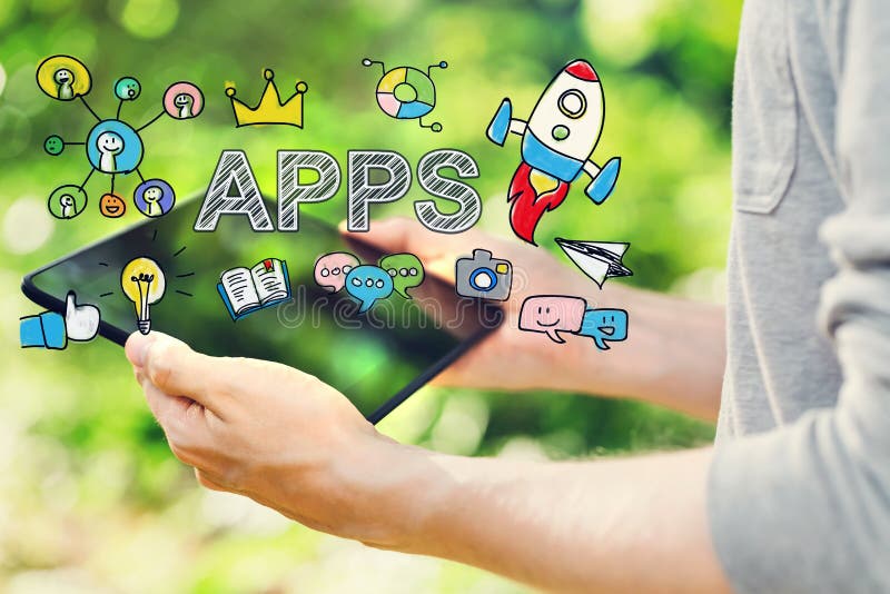 APPS Concept with Young Man Holding His Tablet Computer Stock Image ...