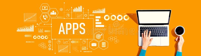 Apps Theme with Person Using a Laptop Stock Illustration - Illustration ...