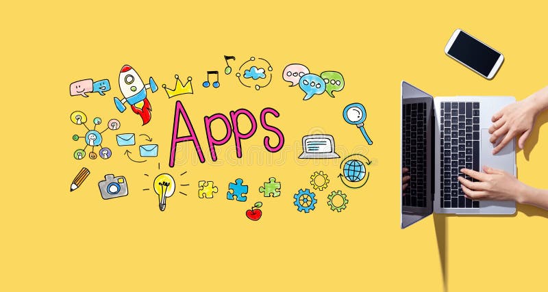 Apps Theme with Person Working with Laptop Stock Illustration ...