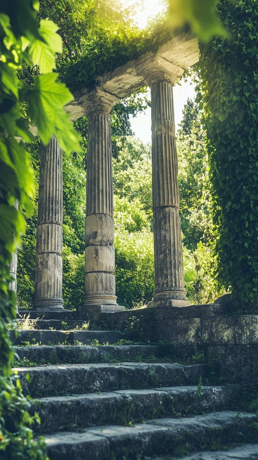 Stone Steps Leading To Ancient Columns Overgrown with Vines Stock ...