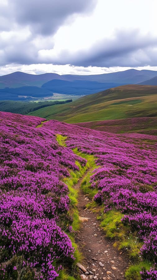 Winding Path through a Purple Heather-Covered Moorland Landscape Stock ...