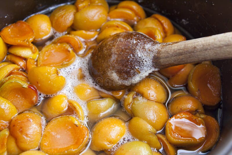 Apricot Halves in Sugar Syrup - Apricot Jam is Cooked Stock Photo ...