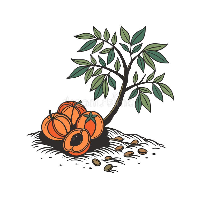 Apricot Tree Illustration with Fresh Apricots on the Ground Stock ...