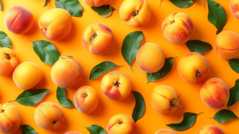 Apricots with Leaves Arranged on an Orange Background, Viewed from the ...