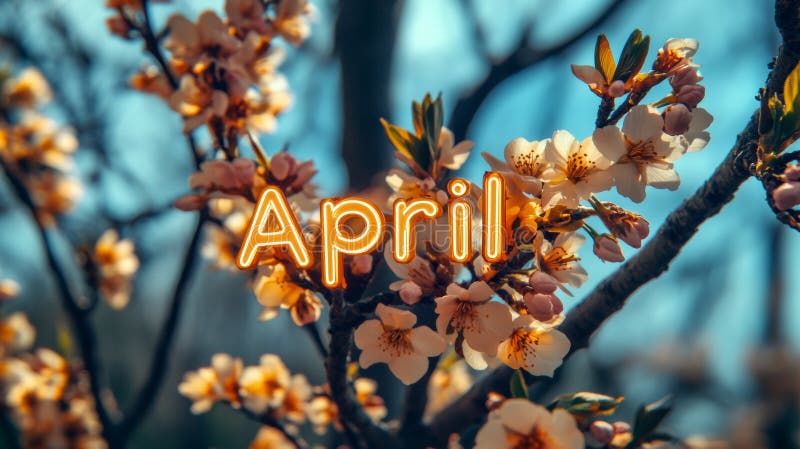 April in Bloom Vibrant Spring Flowers on Branches Frame Neon Text ...