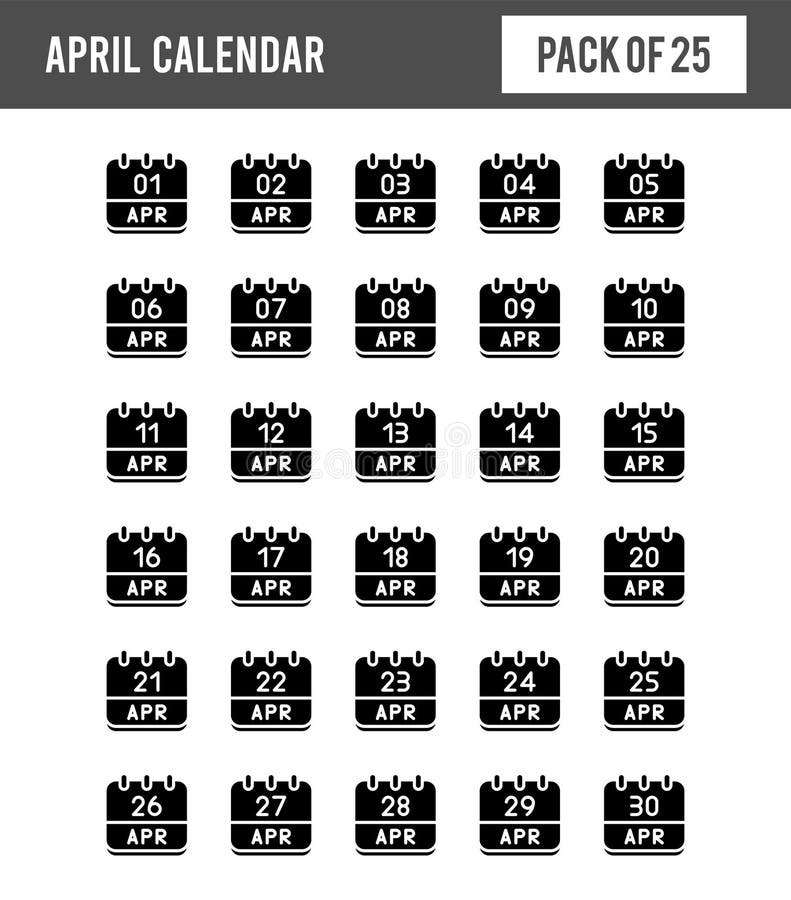25 April Calendar Glyph Icon Pack. Vector Illustration Stock Vector ...