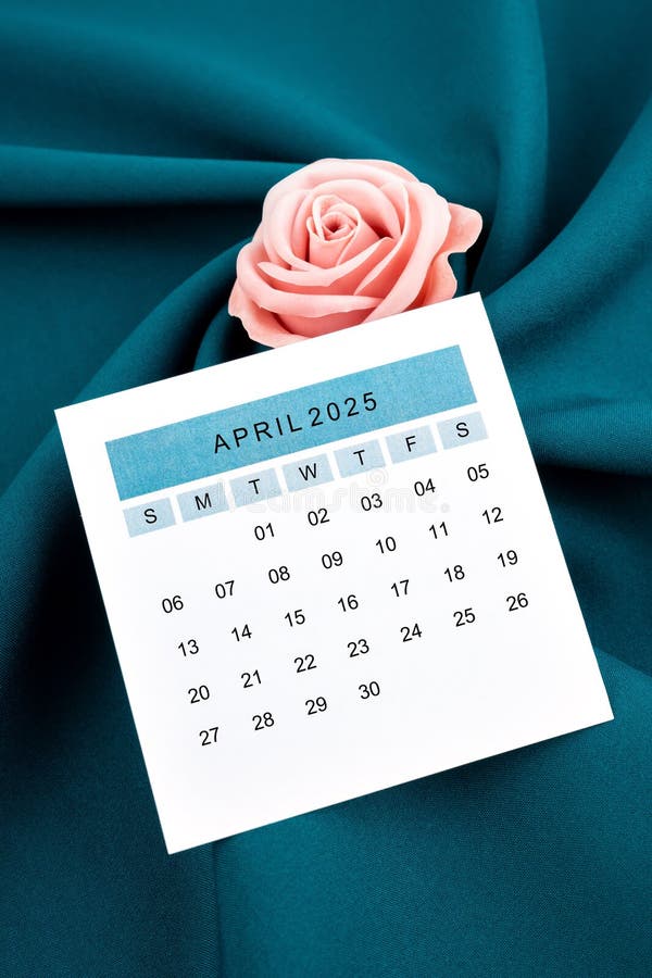 April 2025 Calendar Page and Pink Rose on Green Textile Stock Image ...