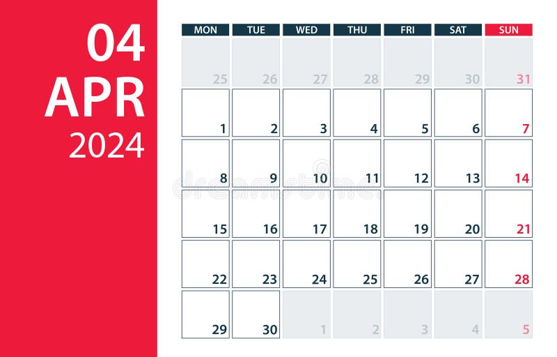 April 2024 Calendar Planner - Vector Illustration. Template. Mock Up ...