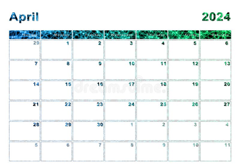 April 2024 Calendar, Week Start Sunday Stock Illustration ...