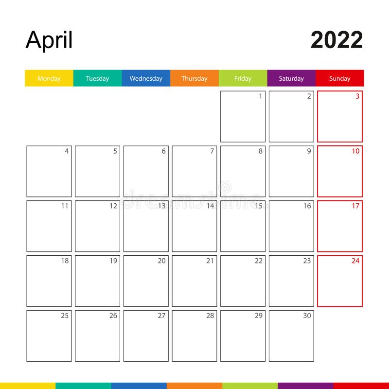April 2022 Colorful Wall Calendar, Week Starts on Monday Stock Vector ...