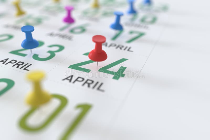 April 24 Date and Push Pin on a Calendar, 3D Rendering Stock ...