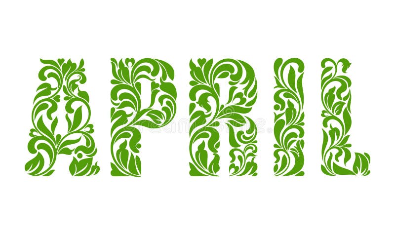 APRIL. Decorative Font with Swirls and Floral Elements Isolated Stock ...