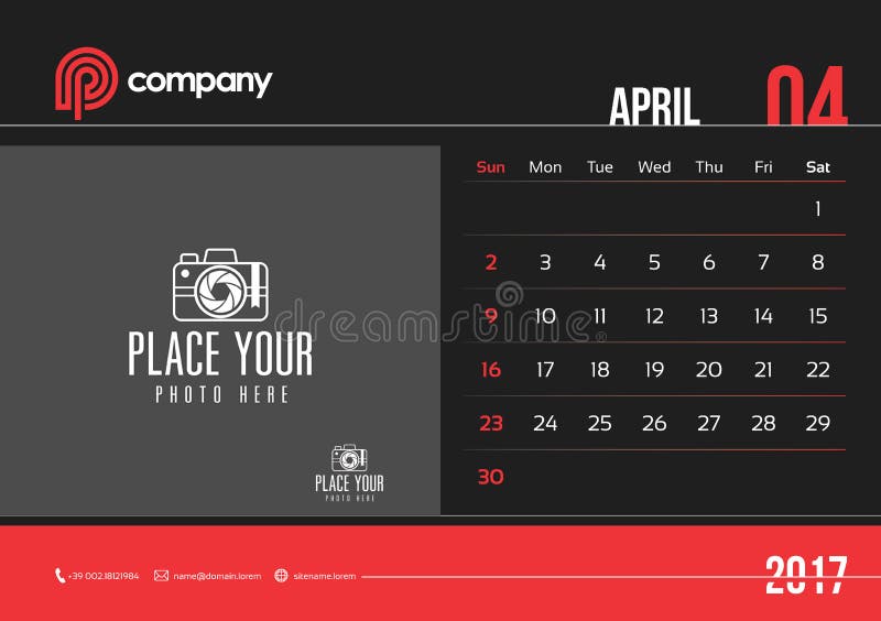 April Desk Calendar Design 2017 Start Sunday Stock Illustration ...