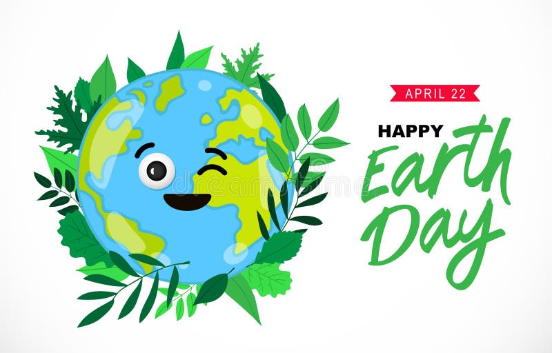 April 22 - Earth Day. Winking Planet Earth is Surrounded by Various ...