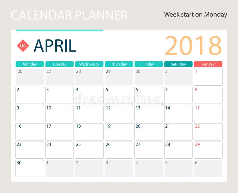APRIL 2018, Illustration Vector Calendar or Desk Planner, Weeks Start ...