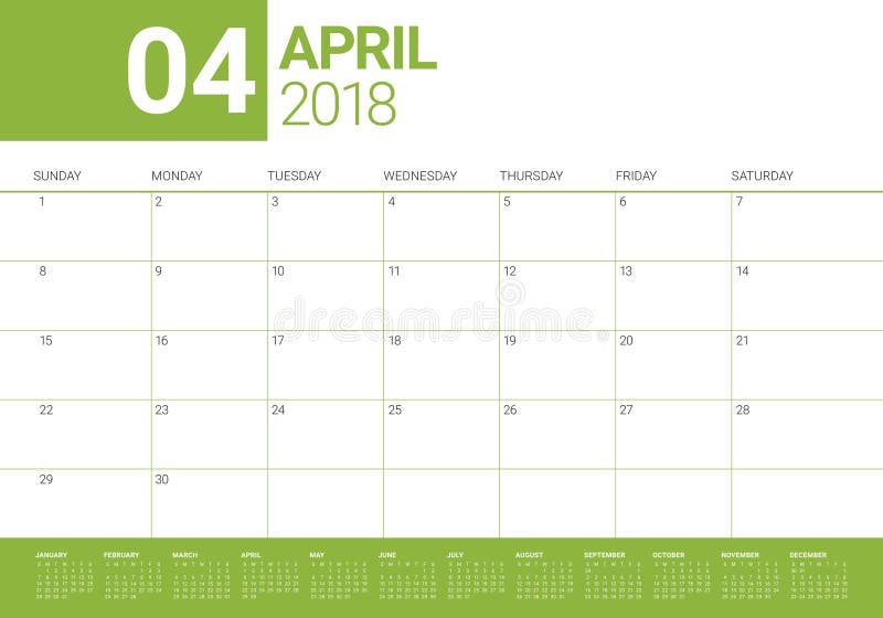 April 2018 Kalenderplaner-Vektorillustration Vektor Abbildung ...