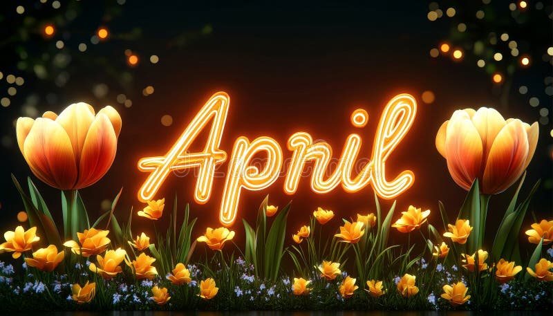 April in Neon Lights a Spring Bloom with Vibrant Flowers and Glowing ...