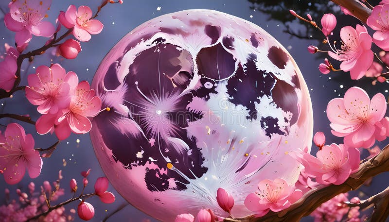 April Pink Moon, the Night after Full Moon Night Stock Illustration ...