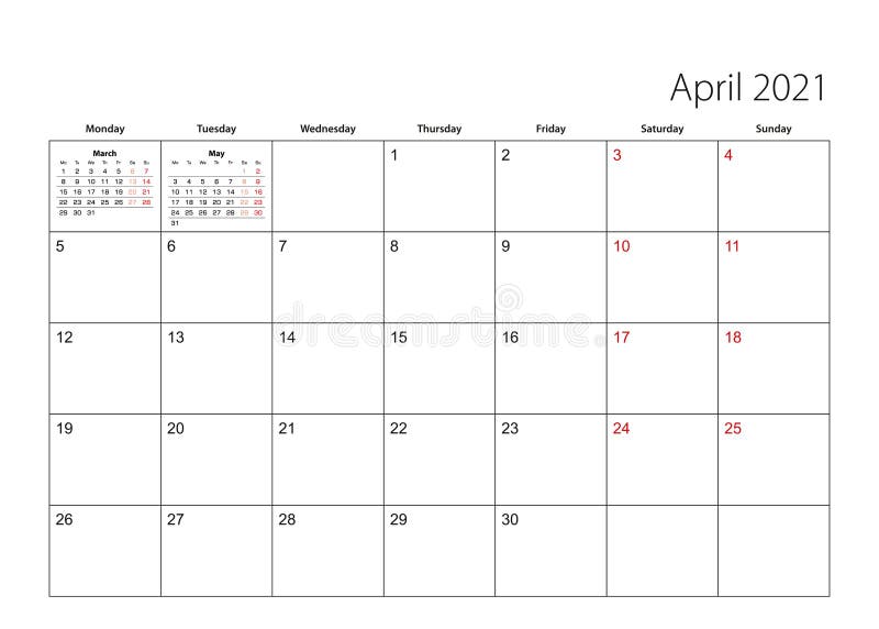 April 2021 Simple Calendar Planner, Week Starts from Monday Stock ...