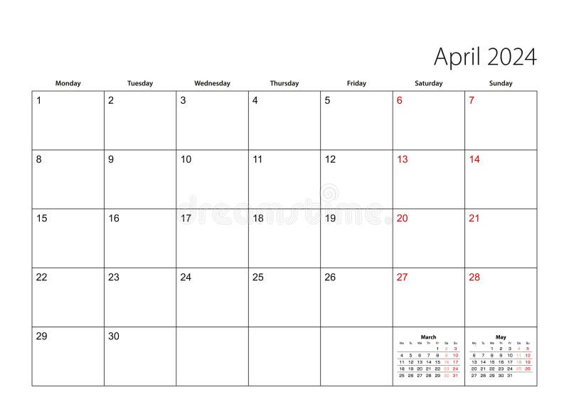 April 2024 Simple Calendar Planner, Week Starts from Monday Stock ...