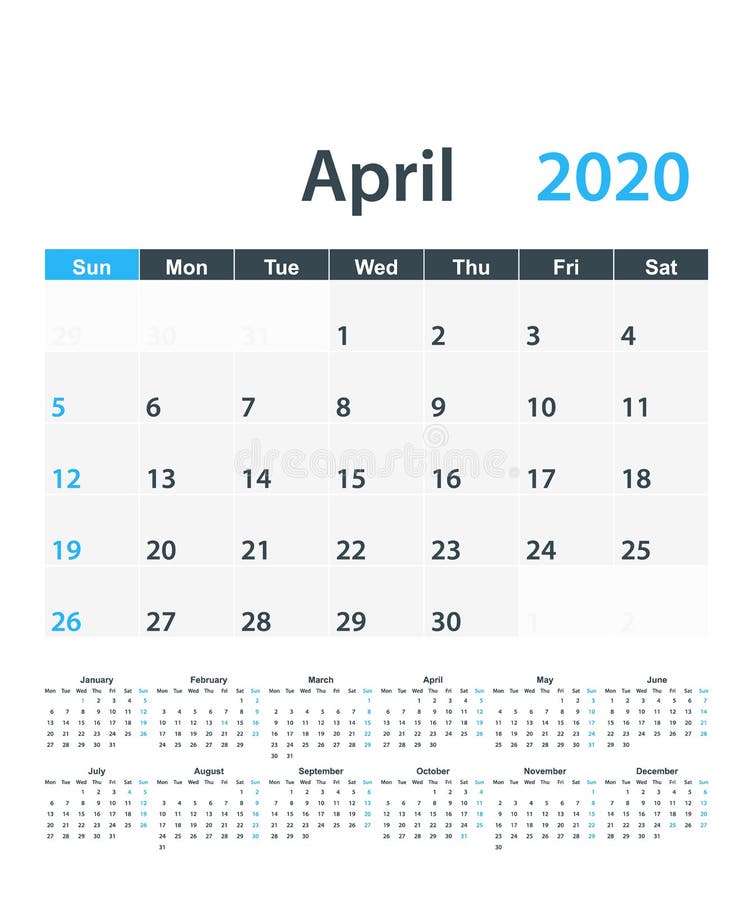 April 2020 wall calendar stock vector. Illustration of grid - 170929020