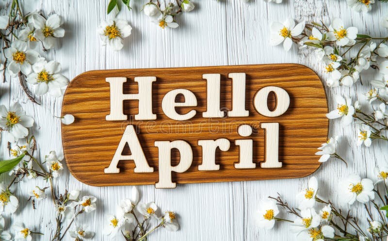 April Welcome Text Framed by Spring Blossoms on a White Wooden Setting ...
