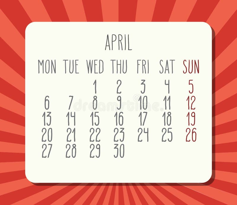 April Year 2020 Monthly Bright Rays of Light Calendar Stock Vector ...