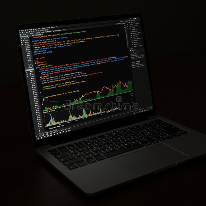Aptop Displaying Programming Code and a Stock Chart on the Screen. the Dark- Stock Illustration ...