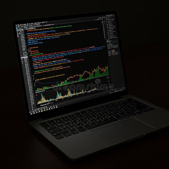 Aptop Displaying Programming Code and a Stock Chart on the Screen. the Dark- Stock Illustration ...