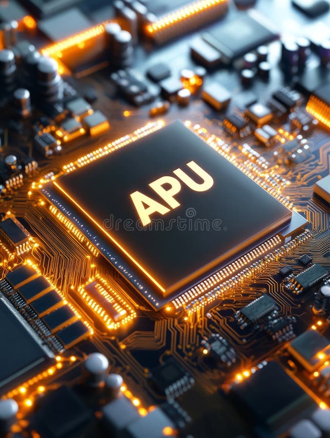 APU Processor on Circuit Board, Close-Up. Futuristic Technology with ...