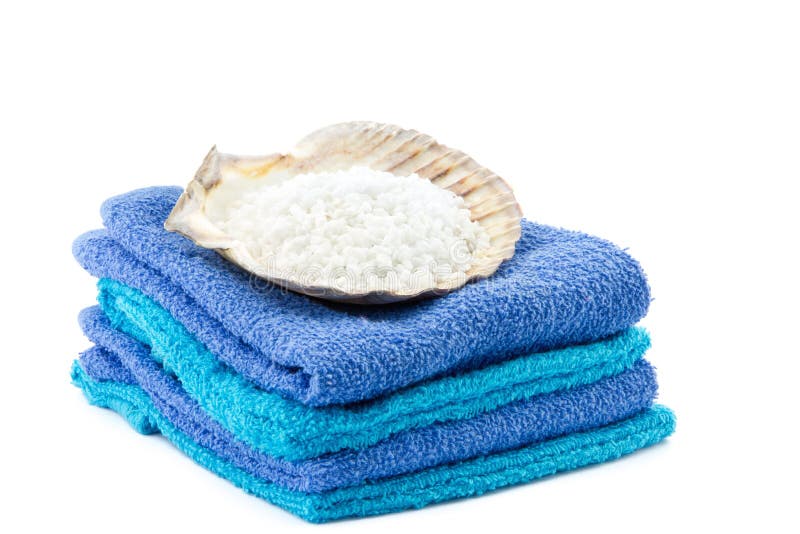 Aqua and Blue Towels with Scallop Shell on Top Stock Image - Image of ...