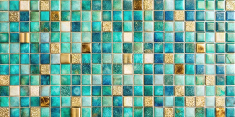 Aqua and Gold Square Tile Mosaic Pattern Texture. Generative AI Stock ...
